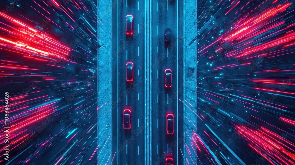 Top-down view of a futuristic highway with flying cars zooming past ...