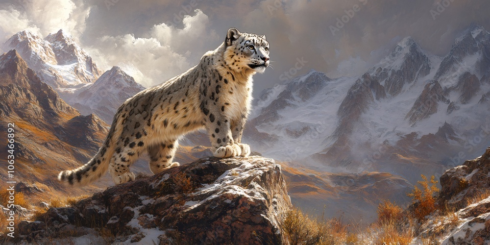 rare snow leopard portrait sitting on rocky cliff in mountain range ...