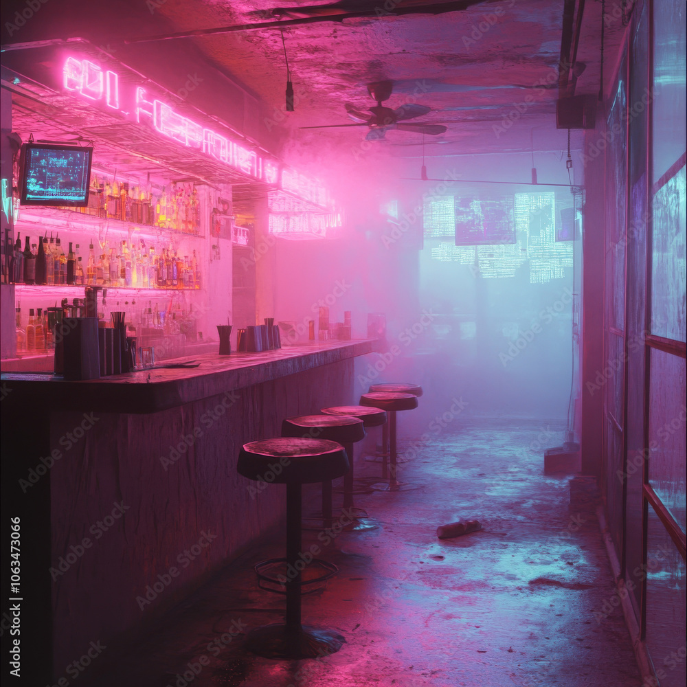 Step into a neon cyberpunk bar where digital decay meets glitchy ...