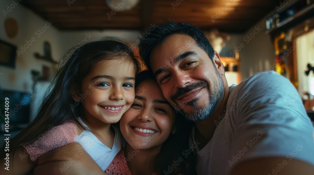 Parents, happy kid and selfie portrait in family home, social media ...
