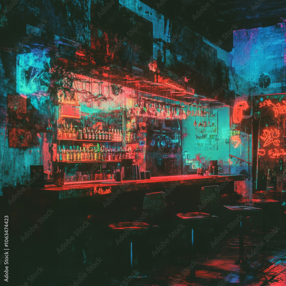 Step into a neon cyberpunk bar where digital decay meets glitchy ...