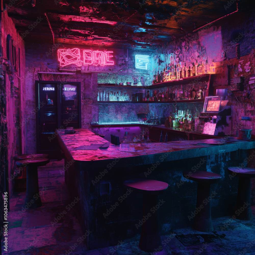 Step into a neon cyberpunk bar where digital decay meets glitchy ...