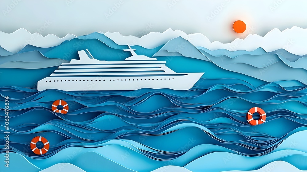 Cruise Ship Sailing on Layered Paper Ocean with Lifebuoys and Distant ...