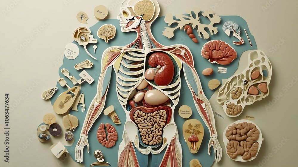 ภาพประกอบสต็อก Detailed paper cut style anatomical diagram showcasing ...