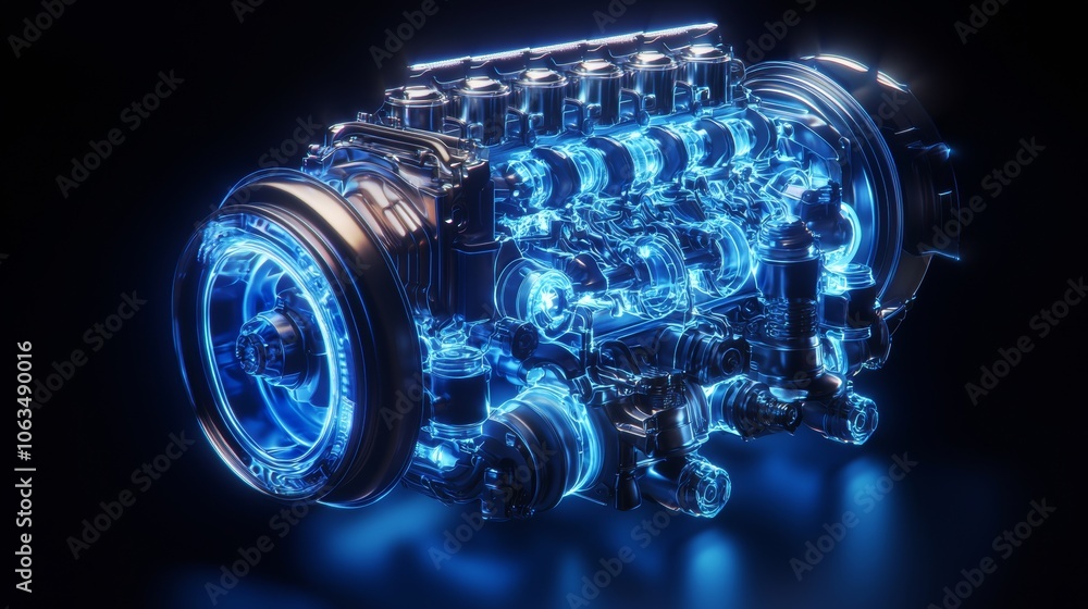 X-ray holographic display of a classic car engine, parts lit in ...