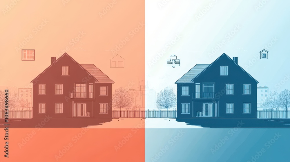 Office Building vs. House Silhouette: Vibrant Vector Illustration with ...