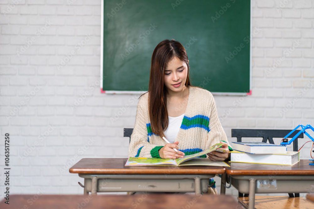 Foto de Young asian female teacher writing notes with a smile, student ...