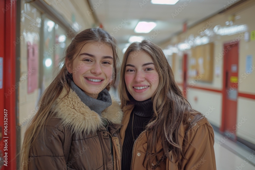 Two smiling girls stand in a high school corridor, wearing warm coats ...