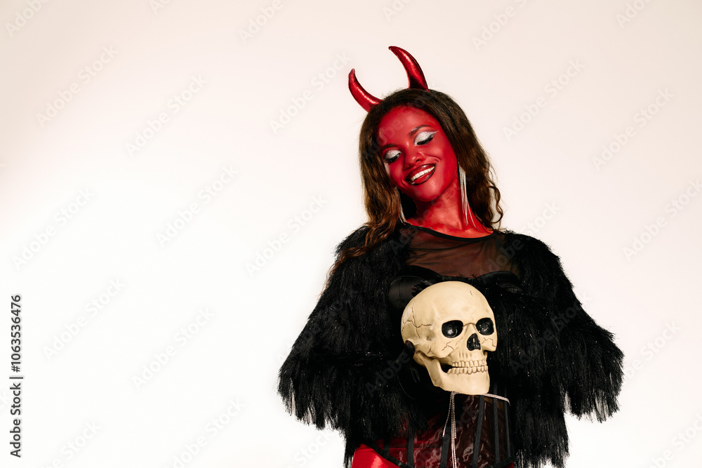 Poster A beautiful woman embodies a devilish character, executing a ...