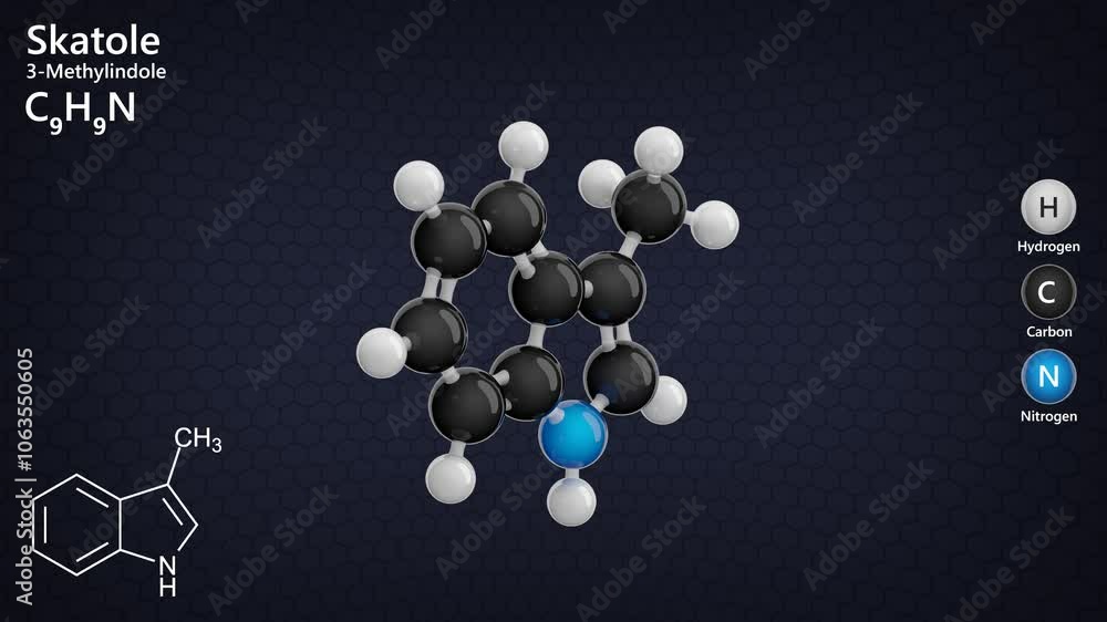 Skatole or Scatole. Fragrance. Animated 3D model of a molecule ...