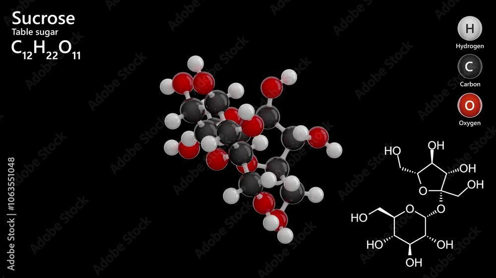 Sucrose. Disaccharide. Table sugar. Animated 3D model of a molecule ...