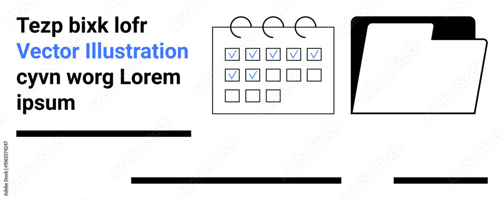 Black and white open file folder, calendar with checked boxes, black ...