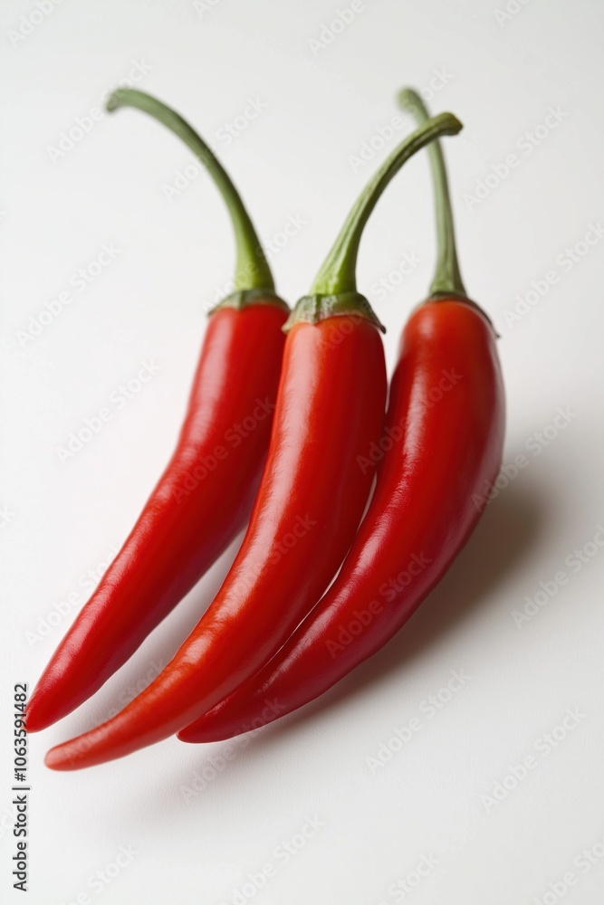 Three red chili peppers are shown in a row. The peppers are fresh and ...