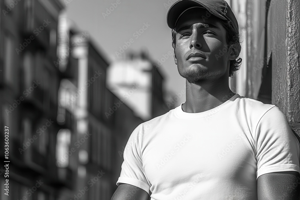 latin male model sporting a classic white cotton tshirt and cap ...