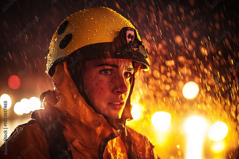 A courageous firefighter stands resilient in heavy rain, embodying ...