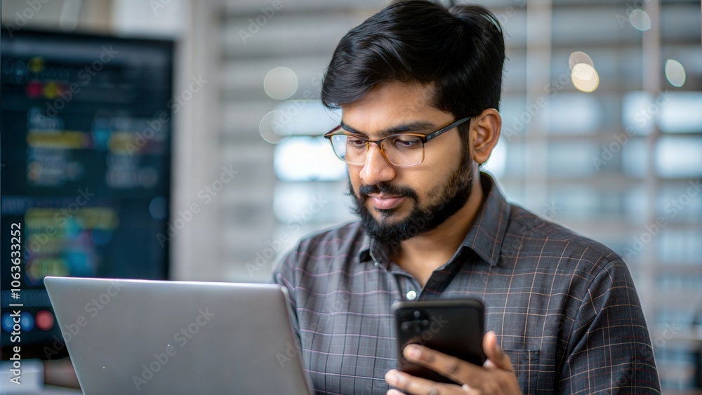 An Indian developer testing a mobile app on different devices, focusing ...