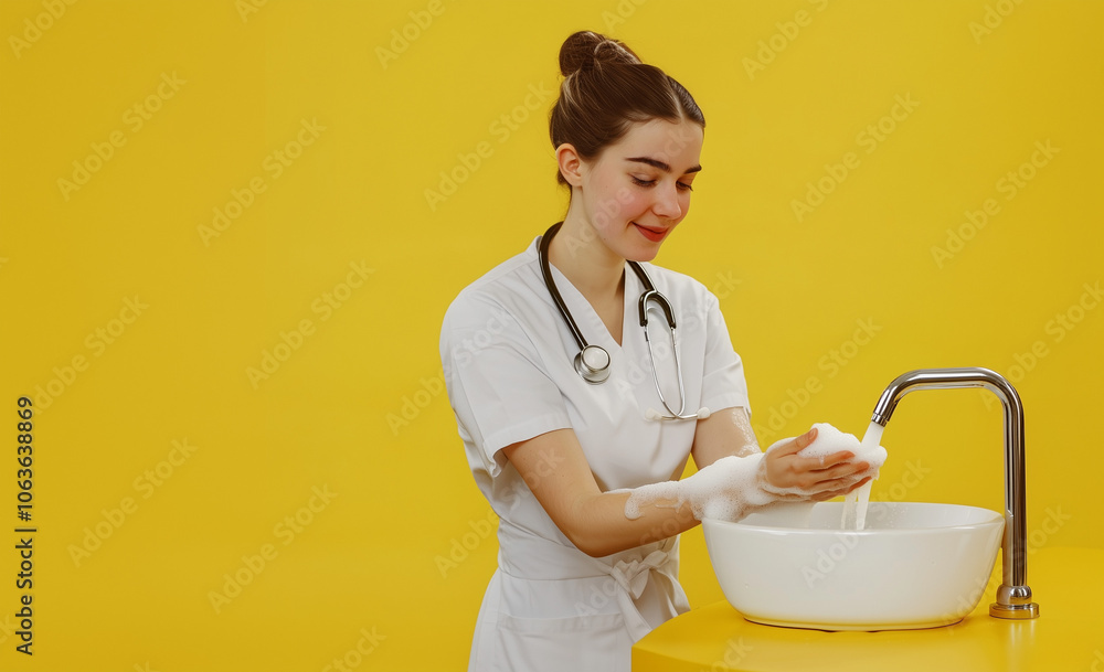 Nurse demonstrating proper handwashing techniques isolated on a yellow ...