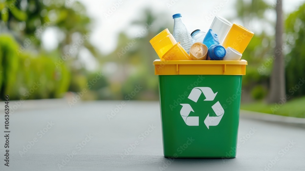 Recycling bins with colorful recycling symbols filled with clean ...
