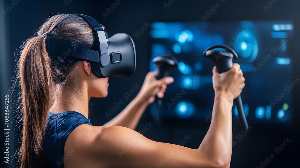 Lifestyle photo of a woman using a 3D robot for fitness coaching, with ...