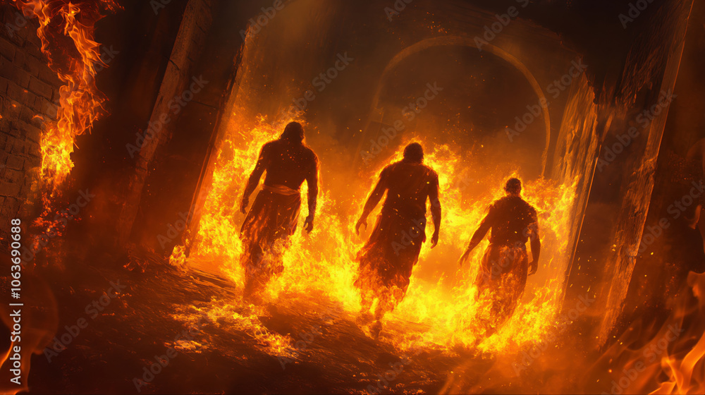 The three hebrews, shadrach, meshach and abednego thrown in a fiery ...