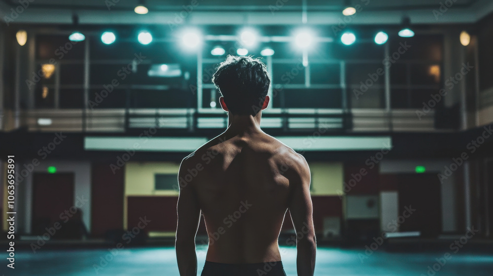 young man stands confidently in front of dance school, illuminated by ...