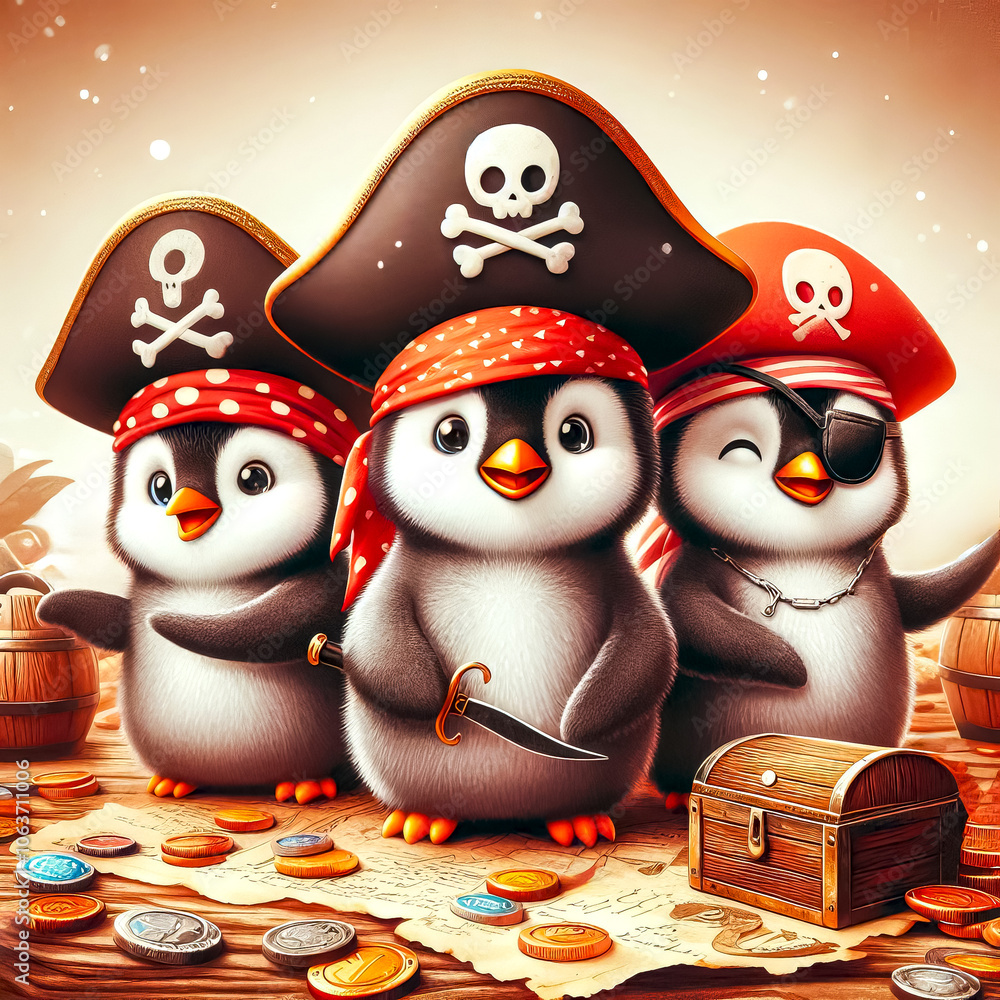 funny Penguins pirates dressed in pirate clothes and armed with pirate ...