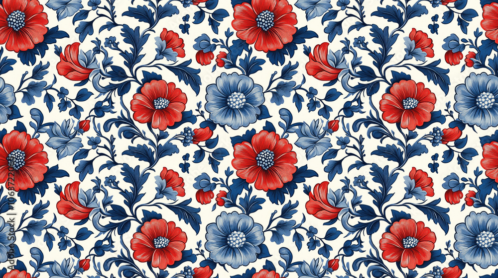 Seamless pattern of a hand painted red blue and white floral bouquet ...