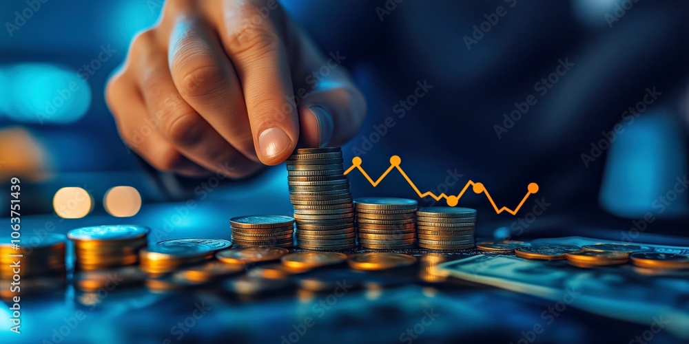 businessman’s hand placing coins in stack with line graph overlay ...