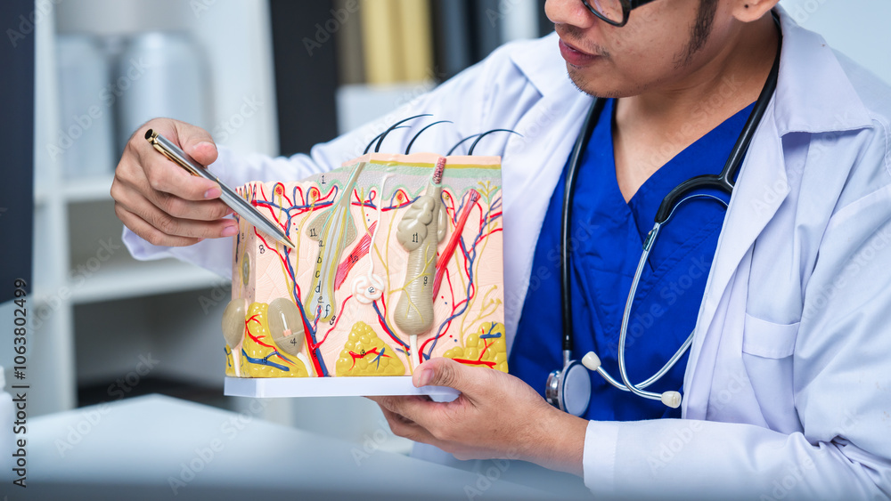 An expert dermatologist is using a skin model to explain or giving a ...