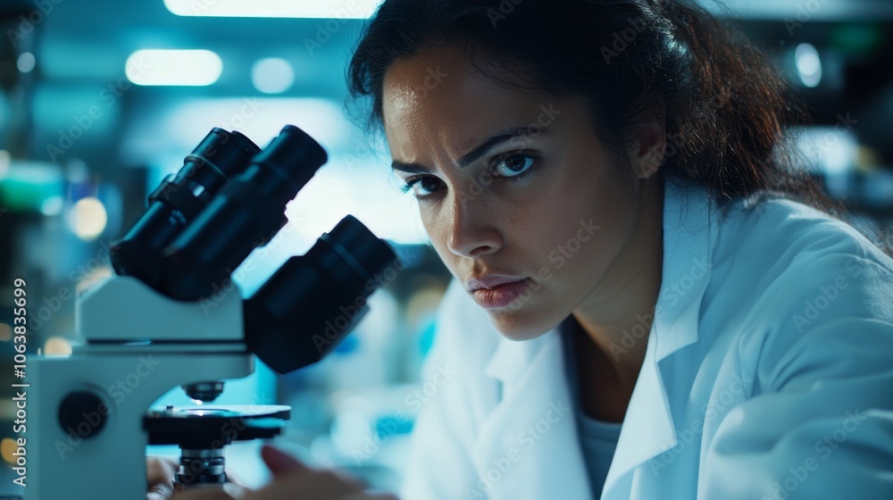 Scientist analyzes samples using a high-precision microscope in a ...