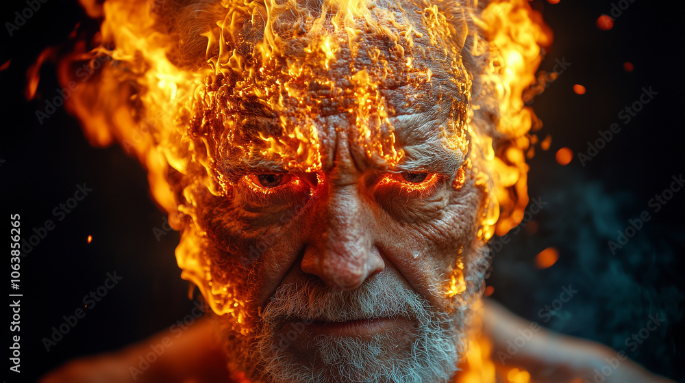 Old white man consumed by fire representing the willful failure of a ...