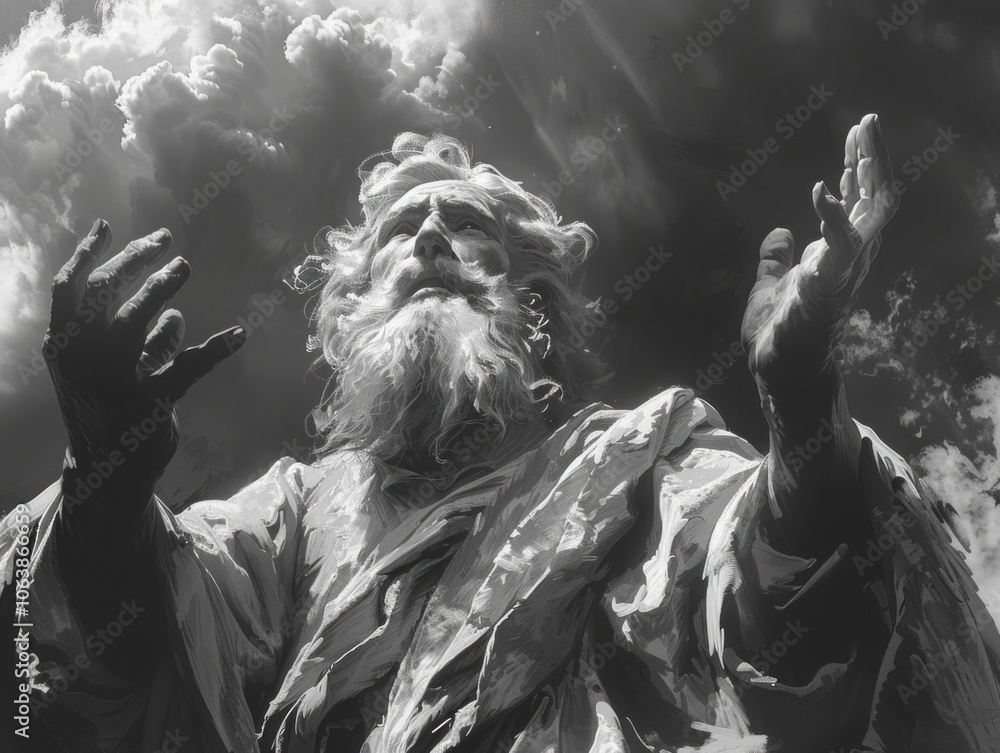 Moses stands arms raised supported Aaron and Hur as fierce battle ...