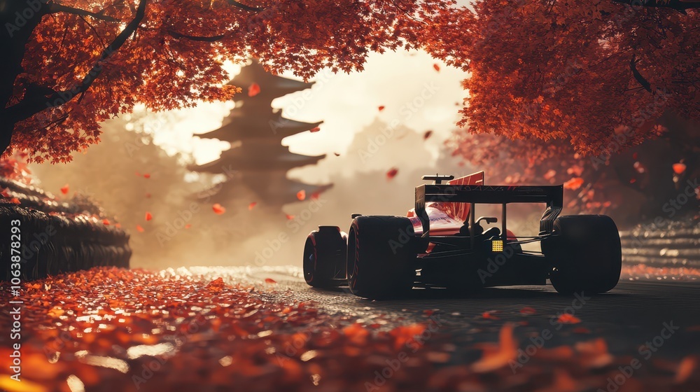 F1 Car Power Sliding Through Autumn Maple Grove: Dynamic Backshot with ...