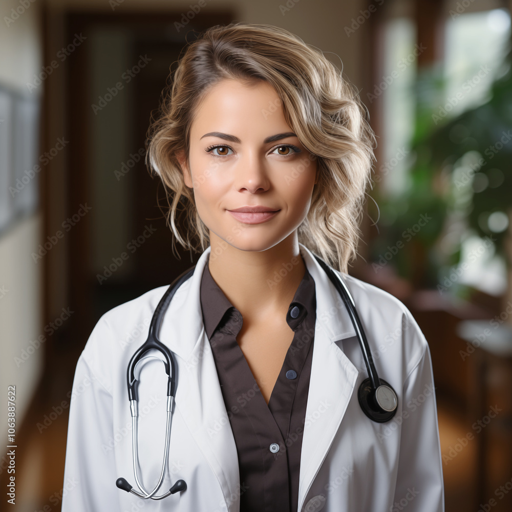 Retrato de medica mujer con bata y estetoscopio sonriendo y ...