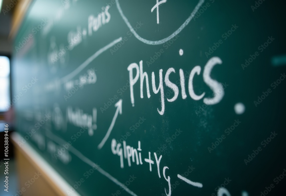 Chalkboard displaying physics equations and concepts during a classroom ...