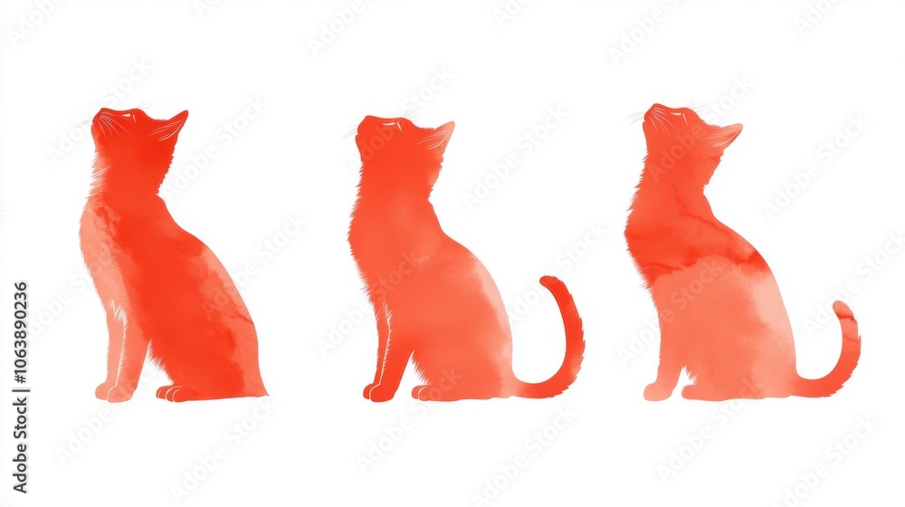 Three stylized red cats in a playful triangular formation, showcasing ...