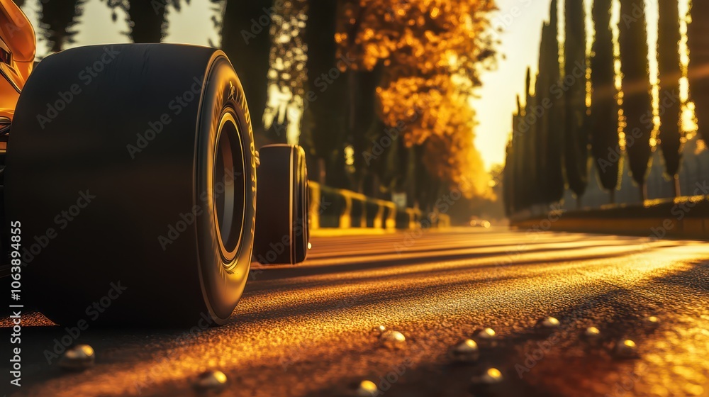 F1 Car Approaching Monza Parabolica at Golden Hour: Autumn Sunset ...