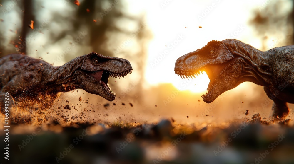 The image shows two detailed dinosaurs engaged in an intense ...