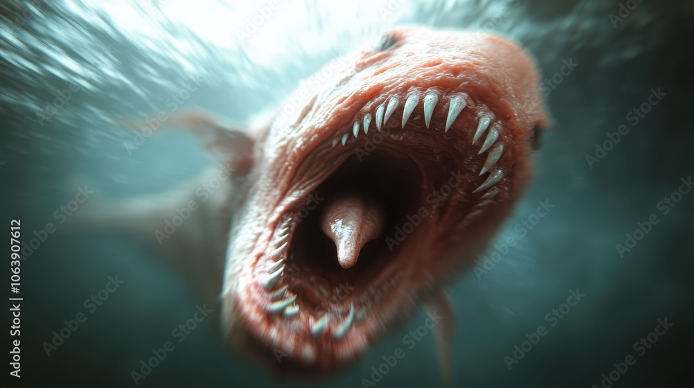An intimidating underwater predator lunges forward, mouth agape with ...