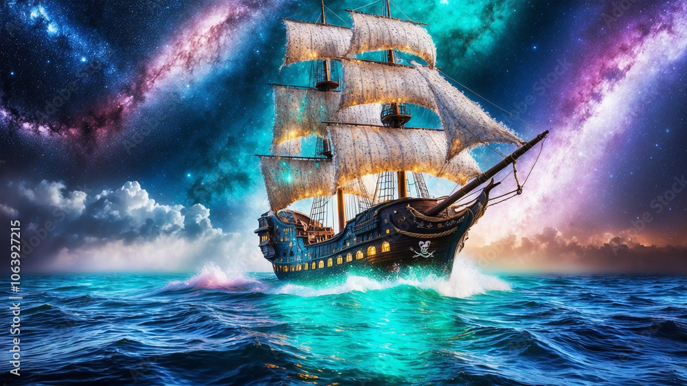Pirate Ship on a Bioluminescent Ocean Sea, Galaxy of Stars in the Night ...