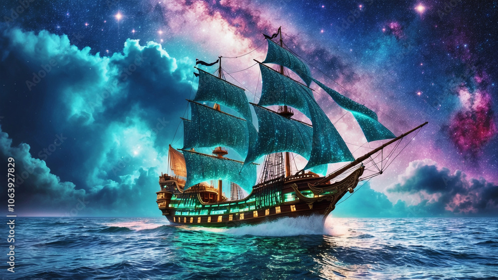 Pirate Ship on a Bioluminescent Ocean Sea, Galaxy of Stars in the Night ...