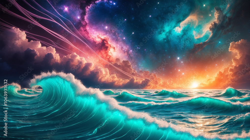 Glowing Bioluminescent Ocean Sea, Galaxy of Stars in the Night Sky ...