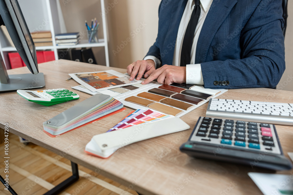Male engineer working with color palette and drawing sketch house plan ...
