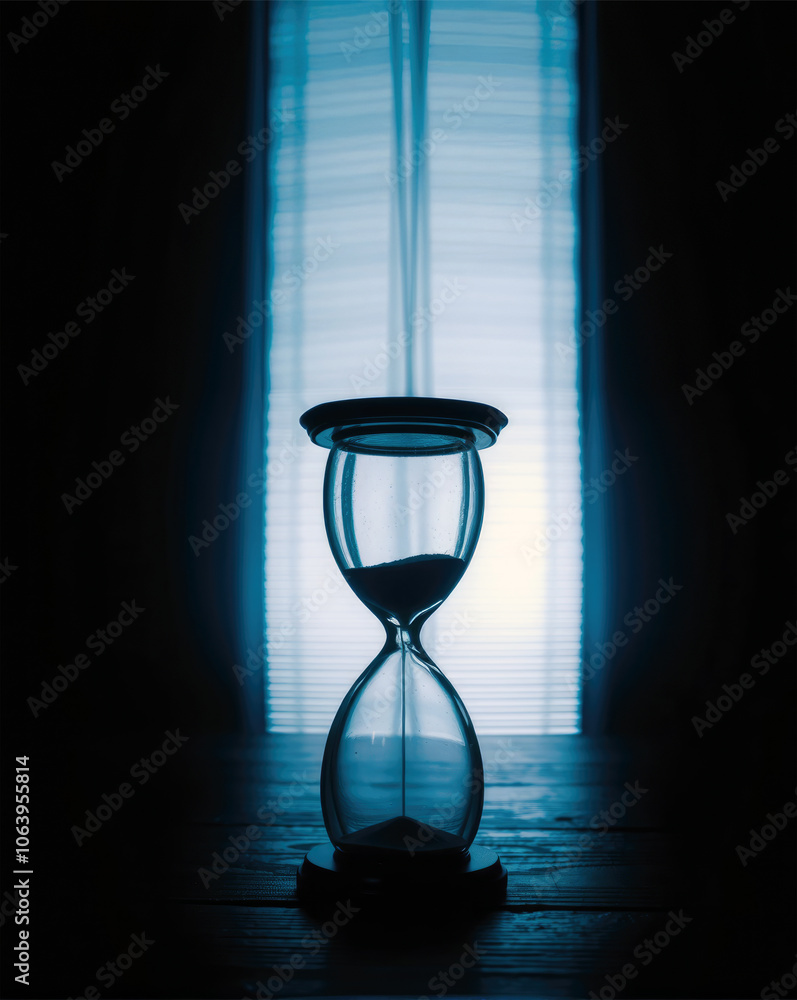 an hourglass on a table at night with a window as a background Stock ...