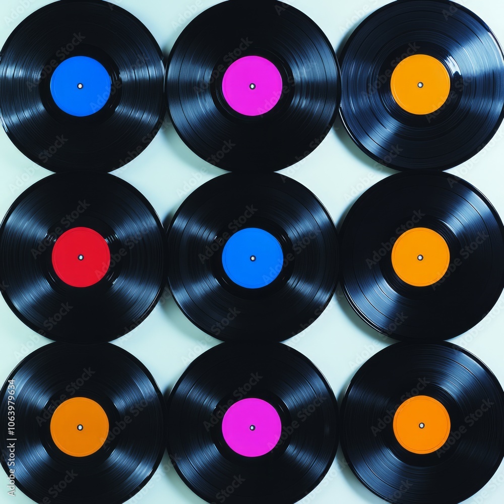 Nine black vinyl records with colorful labels arranged in a square ...