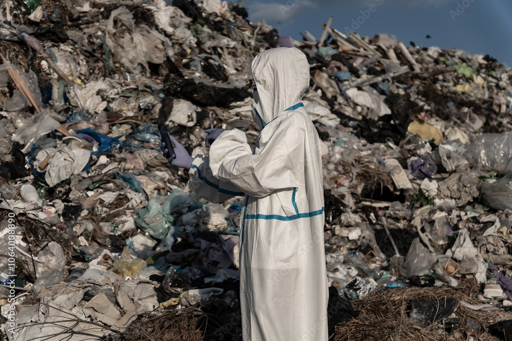 Dressed in a protective suit, the worker surveys the expansive landfill ...