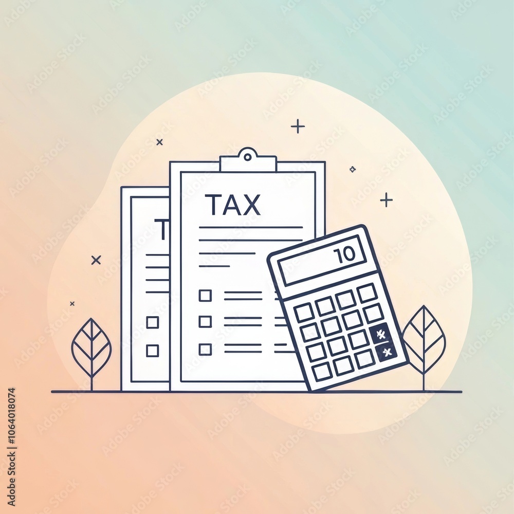 simple outline of tax documents with a calculator, flat design with no ...