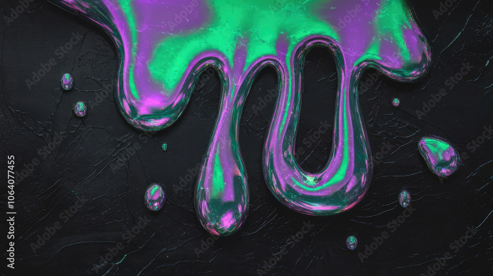 Vibrant, iridescent slime dripping on a textured black surface ...