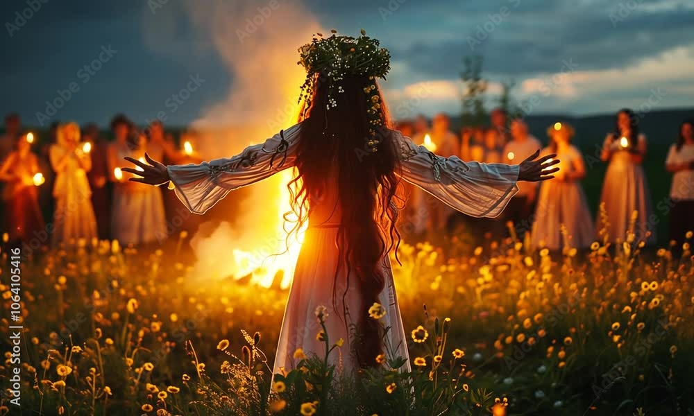 Celebrating midsummer festival with dancing and bonfire rituals in a ...
