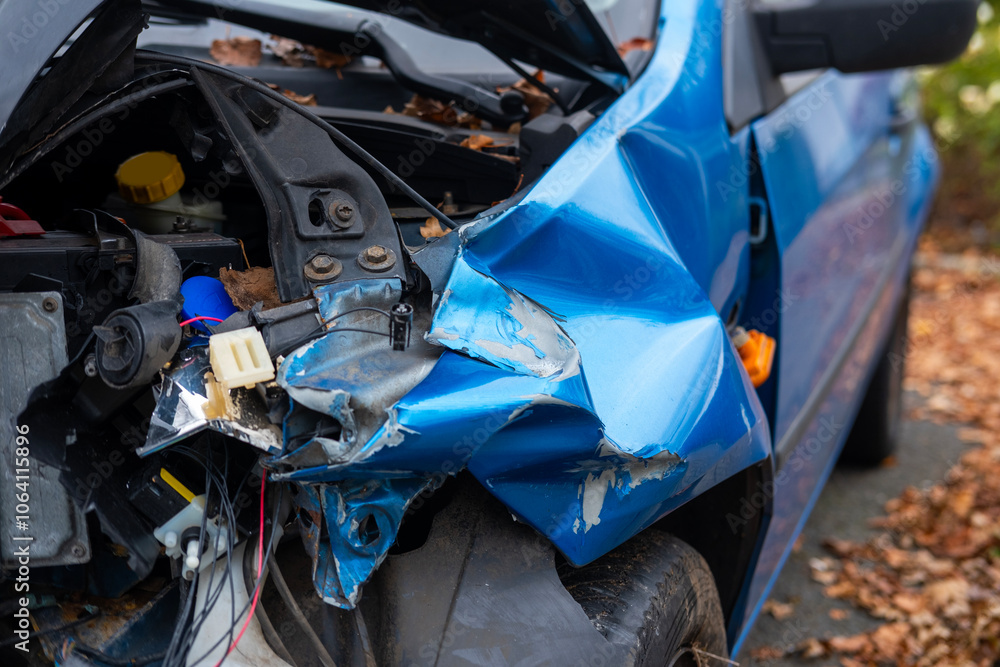 heavily damaged car with crumpled hood and exposed engine, aftermath ...